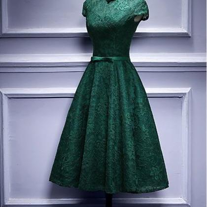 Deep Green Lace Cap Sleeve Mid Length High Collar Prom Dress, Party ...