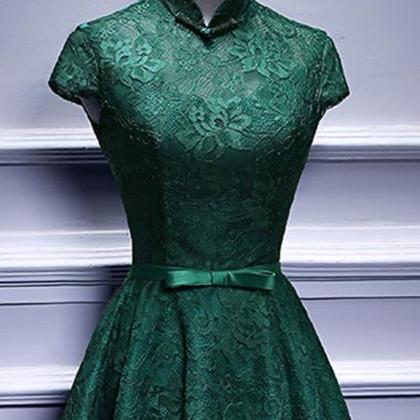 Deep Green Lace Cap Sleeve Mid Length High Collar Prom Dress, Party ...