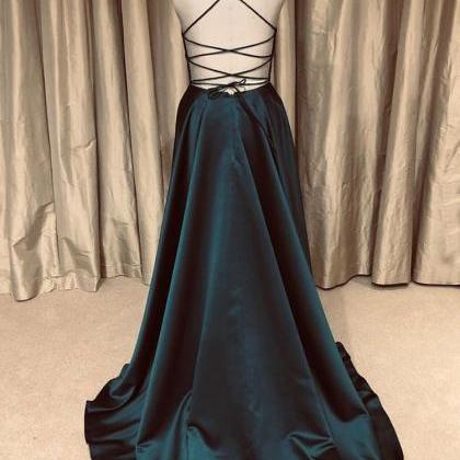 Simple Deep Green Satin Long V Neck Prom Dress, Evening Dress on Luulla