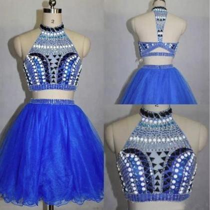 Two Piece Stylish Blue Party Dresses, Beaded Party Dress , Homecoming ...