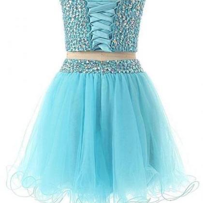 Light Blue Sparkle Beaded Two Piece Homecoming Dresses, Beautiful Short ...