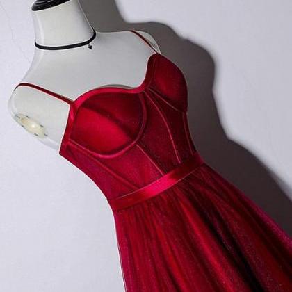 Beautiful Dark Red Tea Length Straps Wedding Party Dress, Homecoming ...