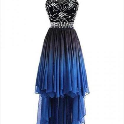 Beautiful Beaded High Low Chiffon Gradient Party Dress, Blue Homecoming ...
