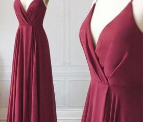 Burgundy Stretch Satin V Neck Long Prom Dress,Backless V Neck Evening ...