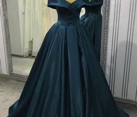 Deep Green Satin Off Shoulder Long A Line Prom Dress Evening Gowns on ...
