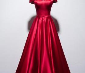 Red Satin Off Shoulder Simple Long Prom Dress With Sleeve on Luulla