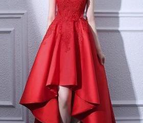 Beautiful Red Satin And Lace High Low Round Neckline Party Dress, Red ...