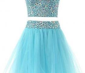 Light Blue Sparkle Beaded Two Piece Homecoming Dresses, Beautiful Short ...