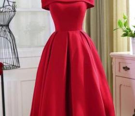 Red Tea Length Vintage Style Wedding Party Dress, Off Shoulder Formal ...