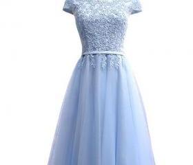 Light Blue Tea Length Off Shoulder Party Dress, Blue Bridesmaid Dress ...