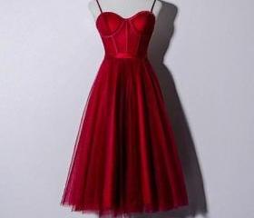 Beautiful Dark Red Tea Length Straps Wedding Party Dress, Homecoming ...