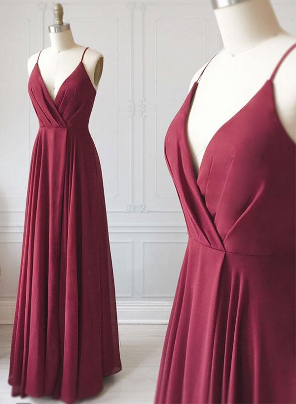 Burgundy Stretch Satin V Neck Long Prom Dress,Backless V Neck Evening ...