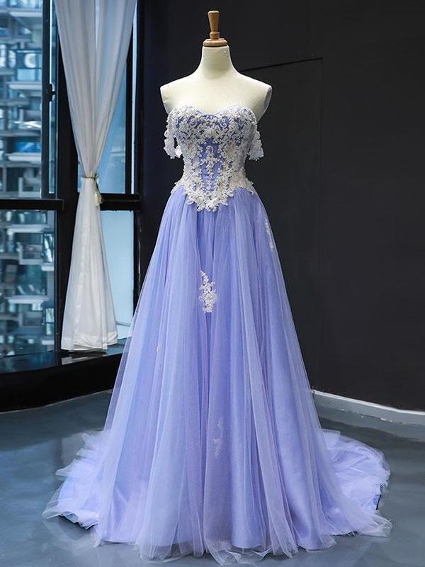 A-line Applique Lace Long Prom Dress Blue Back Open Evening Dress on Luulla