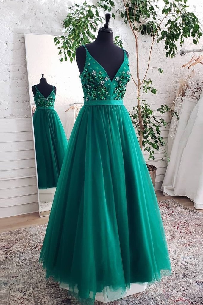 Green Tulle Prom Dress Long V-neck Spaghetti Strap Appliques Tulle A ...