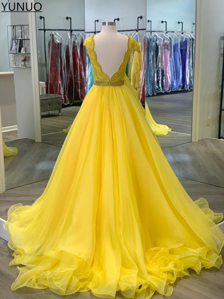 Brand Yellow Lace Tulle Beaded Long Prom Dress Formal Dresses on Luulla