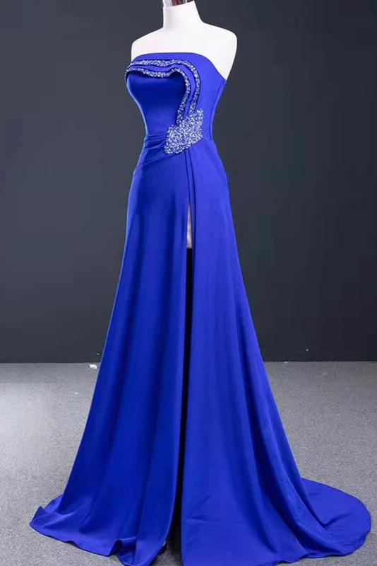 Blue Slim-fit Banquet Long Evening Dress Backless Lace-up Floor-length ...