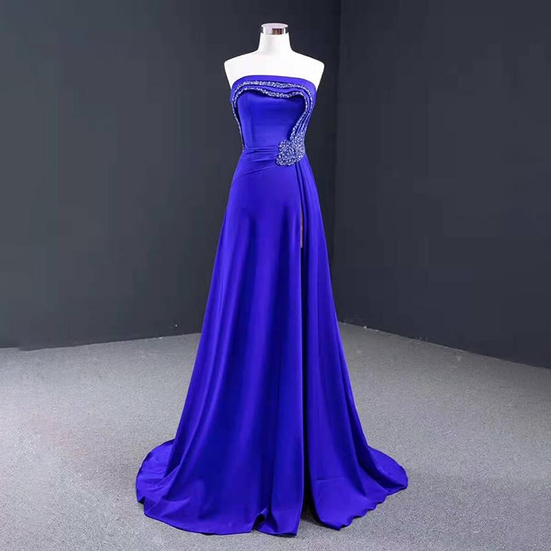 Blue Slim-fit Banquet Long Evening Dress Backless Lace-up Floor-length ...