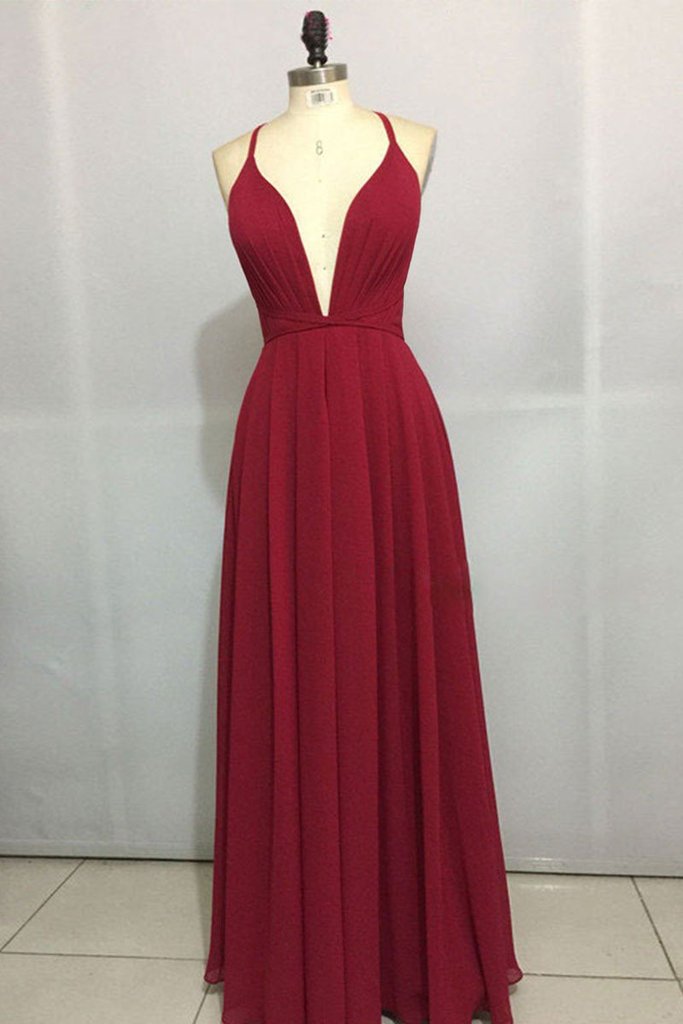 Burgundy Chiffon Simple Long Prom Dress Cross Back Party Dress on Luulla