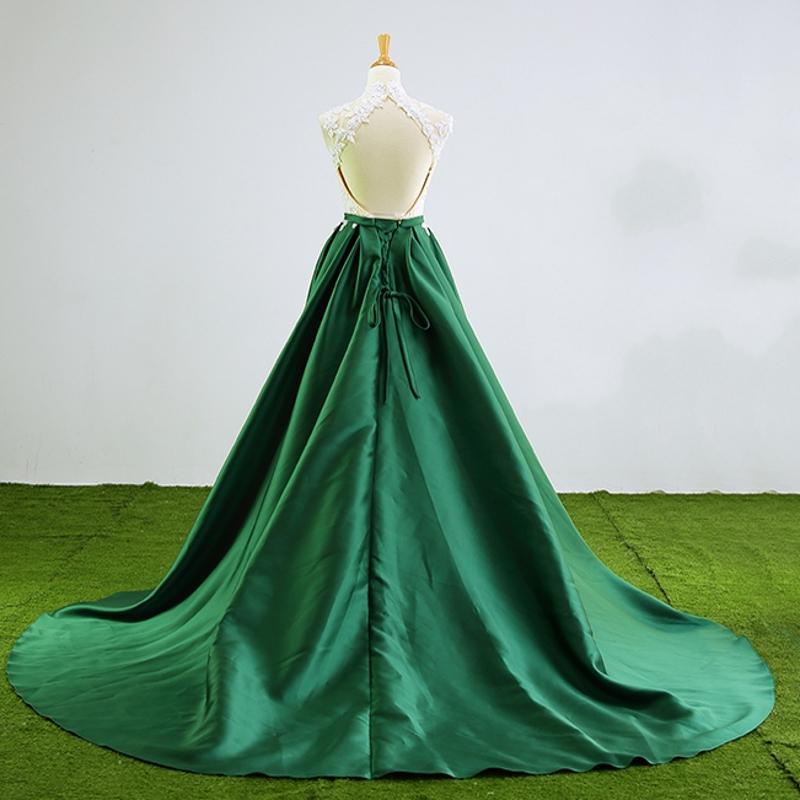 Green Lace Prom Dresses Long Beaded High Neck Graduation Gown Evening ...