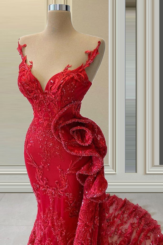 Turkish Couture Red Lace Prom Dresses Mermaid Sleeveless Sexy Evening ...