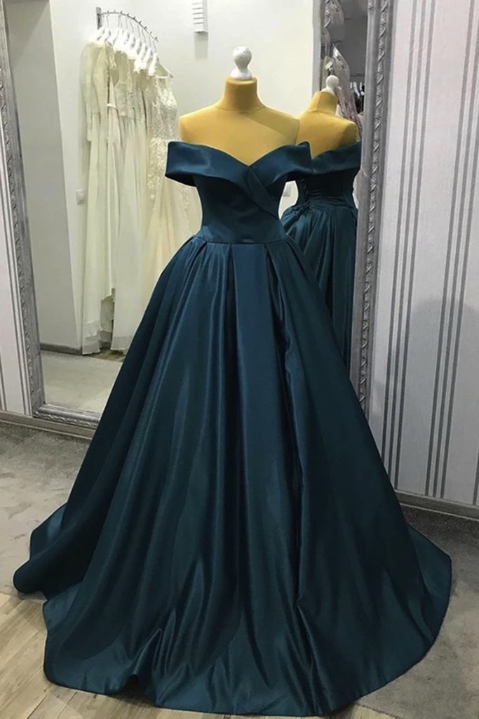 Deep Green Satin Off Shoulder Long A Line Prom Dress Evening Gowns on ...
