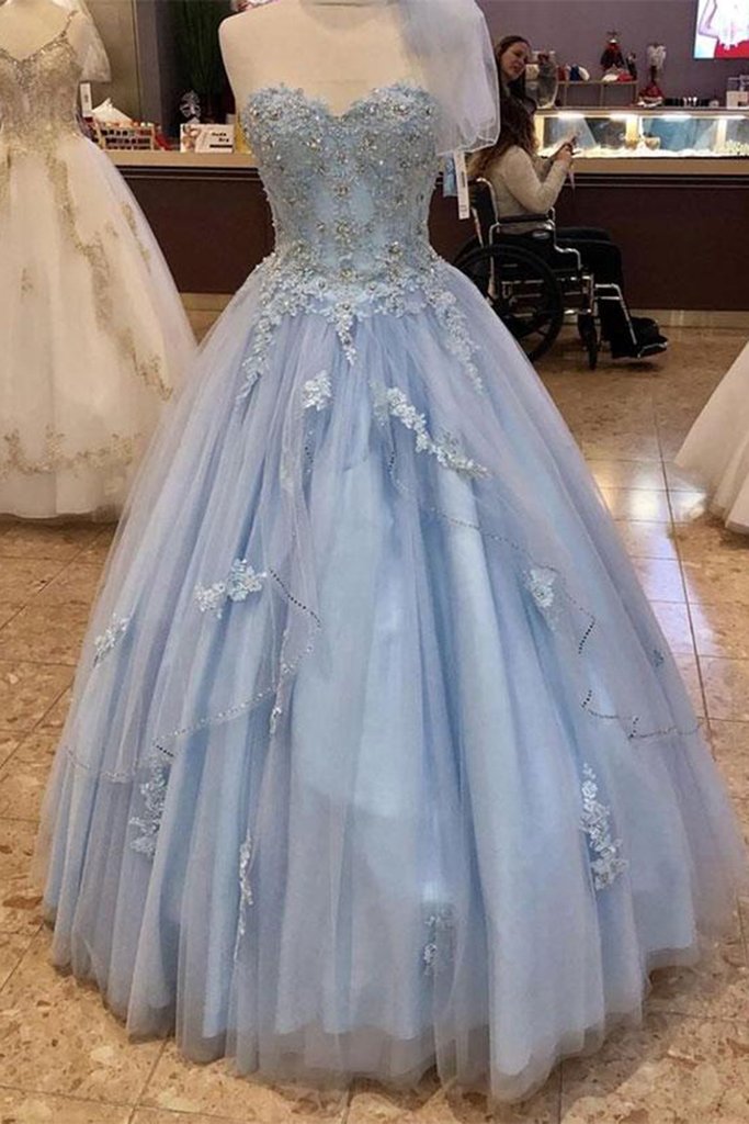 Blue Tulle Princess A Line Sweetheart Prom Dresses With Beading ...