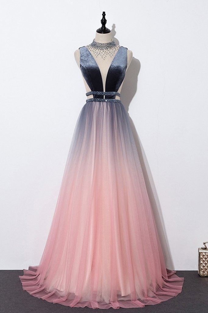 Unique Pink Tulle Long O Neck Beaded Prom Dress, Evening Dress on Luulla
