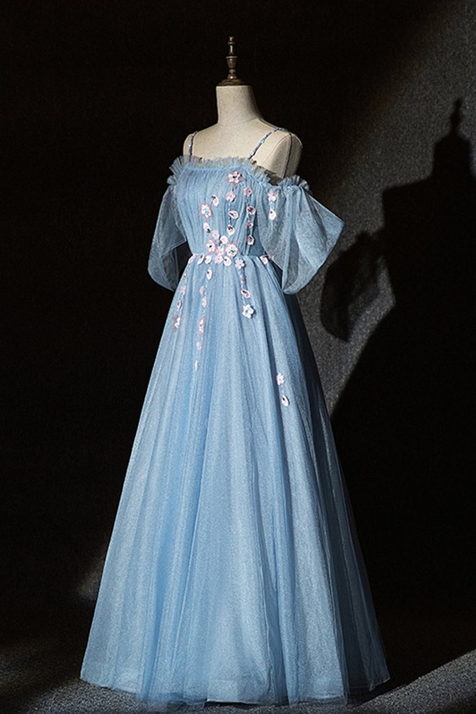 Light Blue Tulle Crystal Off Shoulder Long Prom Dress With Applique on ...