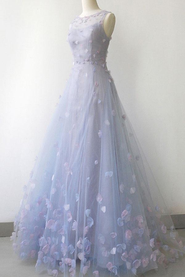 Simple Blue Gray Tulle 3D Lace Applique Long A Line Prom Dress, Halter ...