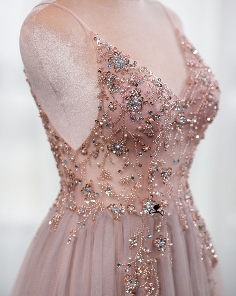 Dusty Pink Sexy V-neck See Through Heavy Beading High Slit Prom Dress ...