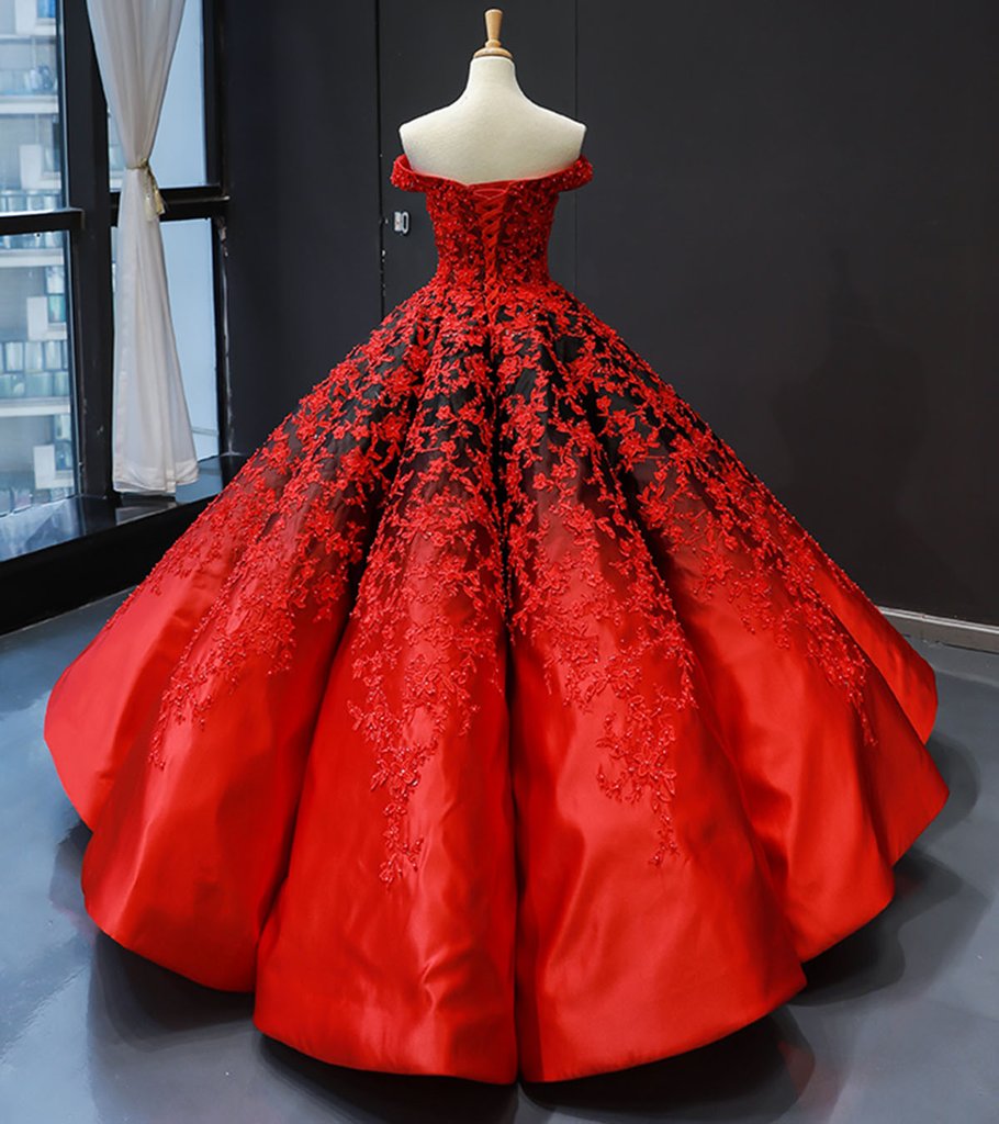 Regal Red Satin Ball Gown With Black Lace Appliqués on Luulla