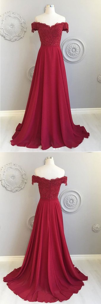 Burgundy Lace Off Shoulder Short Sleeve Long Prom Dress, Evening Dress ...