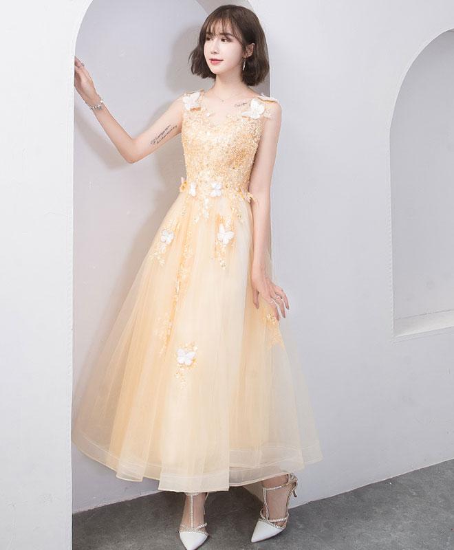 Gold V Neck Tulle Lace Short Prom Dress,gold Homecoming Dress on Luulla