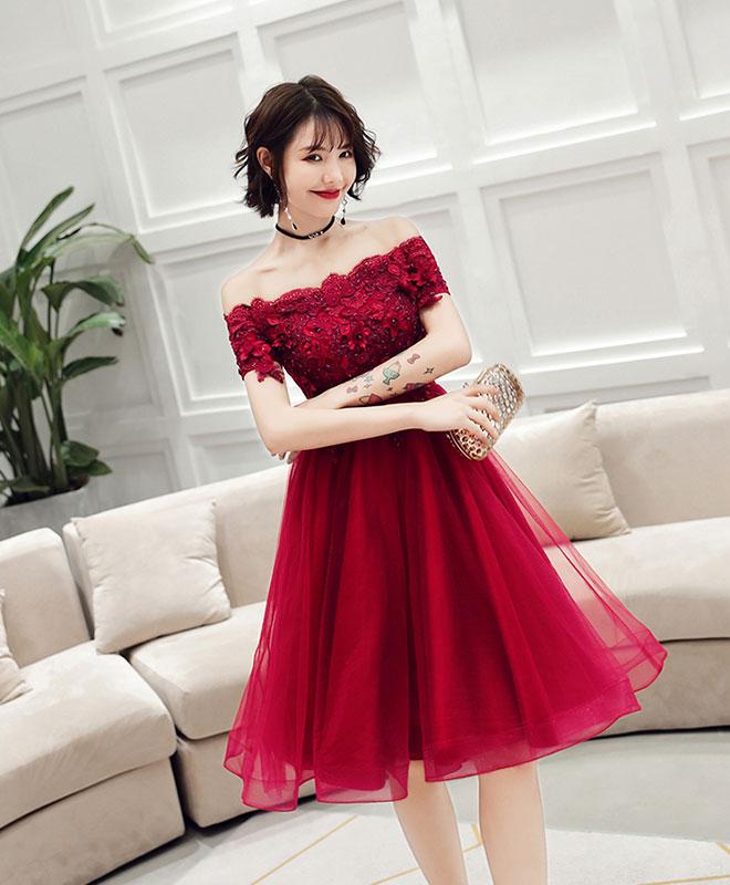 Burgundy Lace Off Shoulder Short Prom Dress,burgundy Homecoming Dress on Luulla