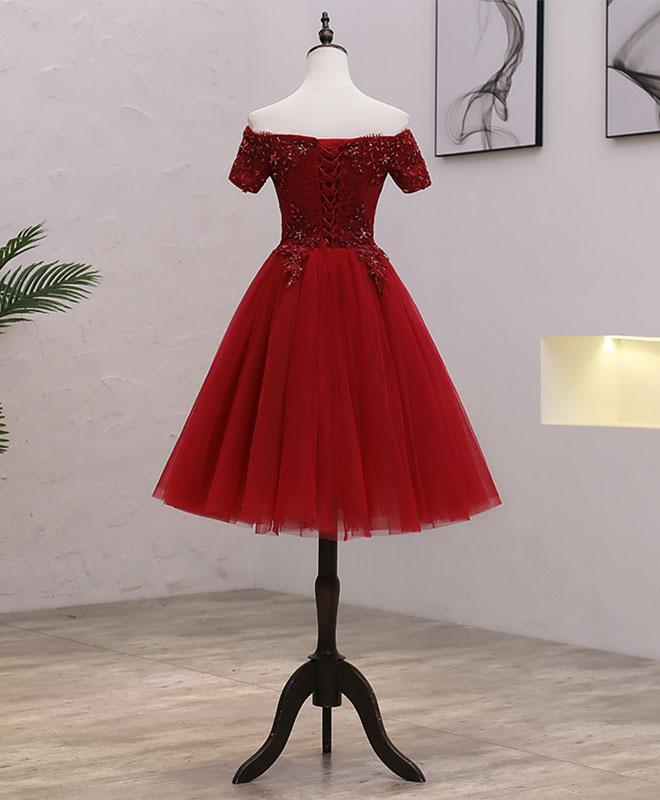 Burgundy Off Shoulder Lace Tulle Short Prom Dress Burgundy Formal Dress ...