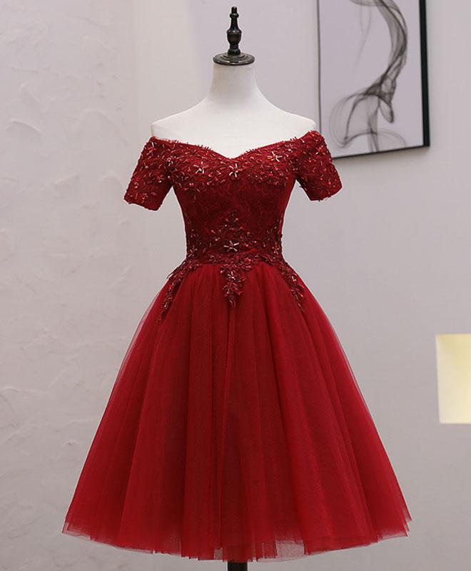 Burgundy Off Shoulder Lace Tulle Short Prom Dress Burgundy Formal Dress ...