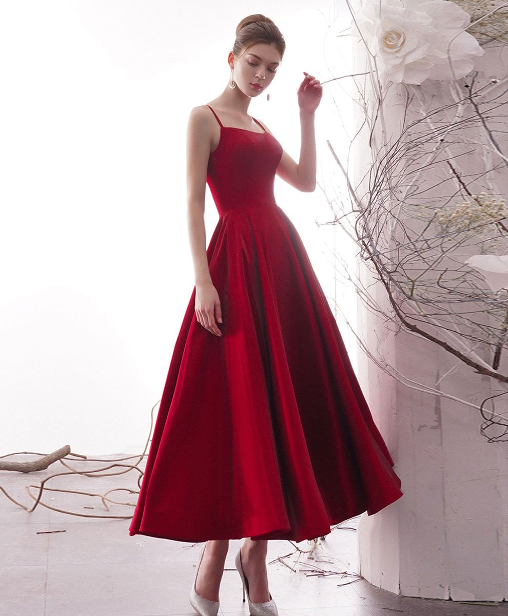 Simple Red Satin Tea Length Prom Dress Red Formal Dress on Luulla