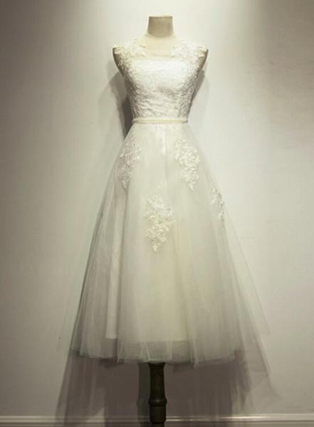Vintage Handmade White Tea Length Formal Dress, Tulle Party Dress With ...