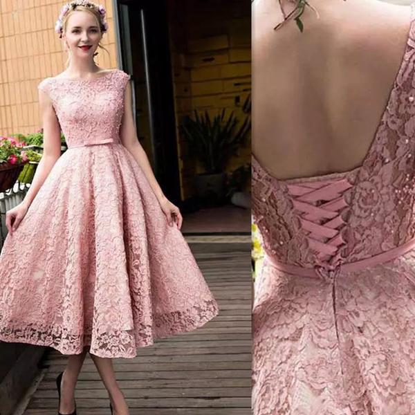 Pink Lace Tea Length Formal Dress, Beautiful Pink Prom Dresses, Lovely ...