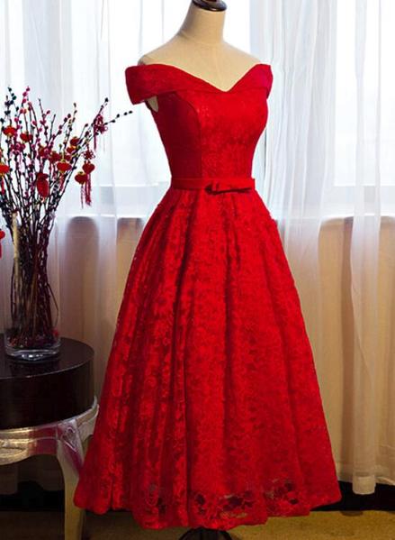 Red Lace Vintage Off Shoulder Tea Length Party Dress, Red Formal Dress ...