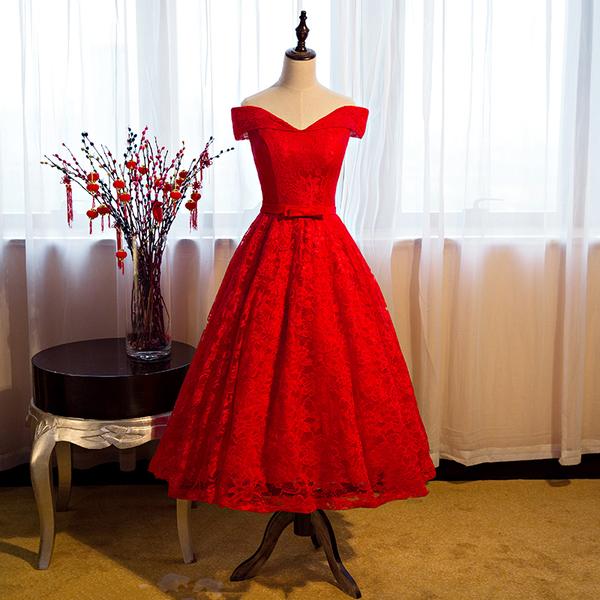 Red Lace Vintage Off Shoulder Tea Length Party Dress, Red Formal Dress ...