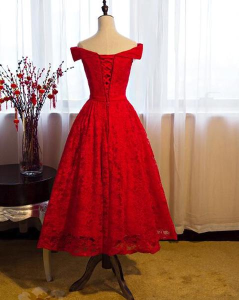 Red Lace Vintage Off Shoulder Tea Length Party Dress, Red Formal Dress ...