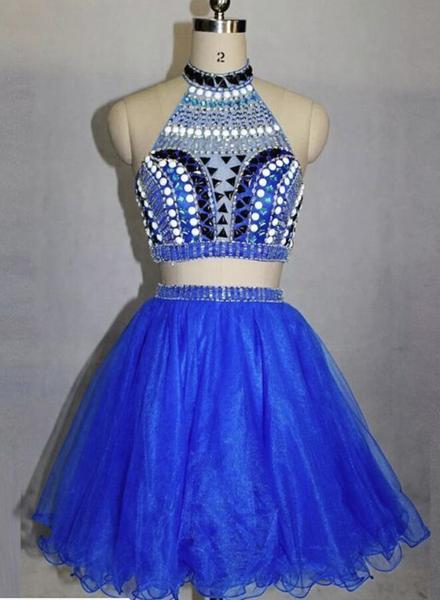Two Piece Stylish Blue Party Dresses, Beaded Party Dress , Homecoming ...