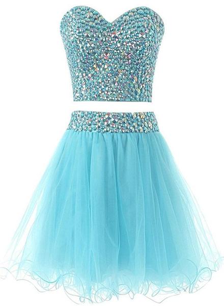 Light Blue Sparkle Beaded Two Piece Homecoming Dresses, Beautiful Short ...