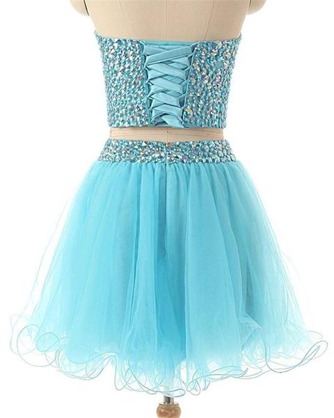 Light Blue Sparkle Beaded Two Piece Homecoming Dresses, Beautiful Short ...