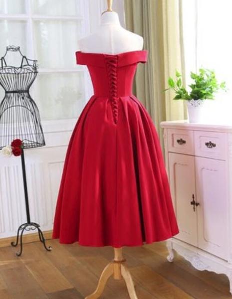 Red Tea Length Vintage Style Wedding Party Dress, Off Shoulder Formal ...