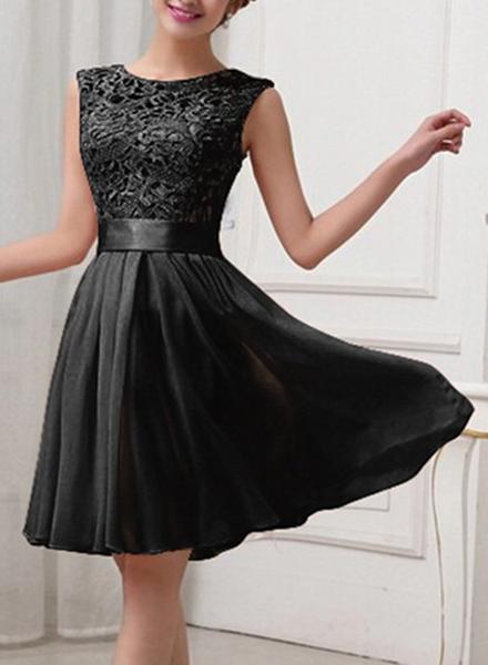 Black Chiffon And Lace Sleeves Knee Length Bridesmaid Dress, Black ...