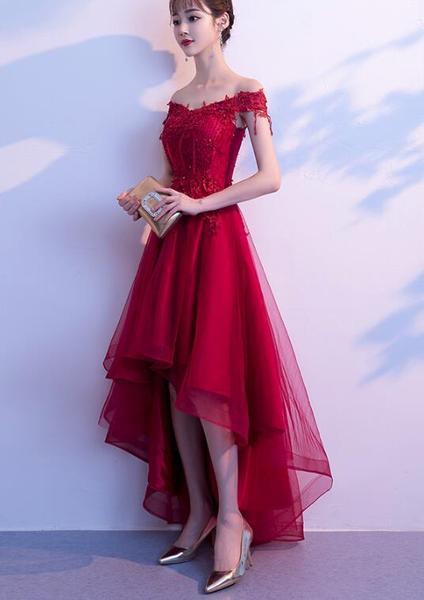 Dark Red High Low Dress, Beautiful Tulle And Lace Prom Dress, Formal ...