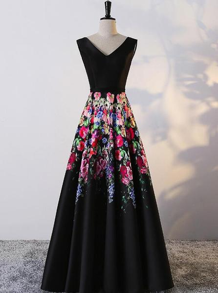 Black Floral Elegant Floor Length Party Dress , Black Satin Lace-up ...