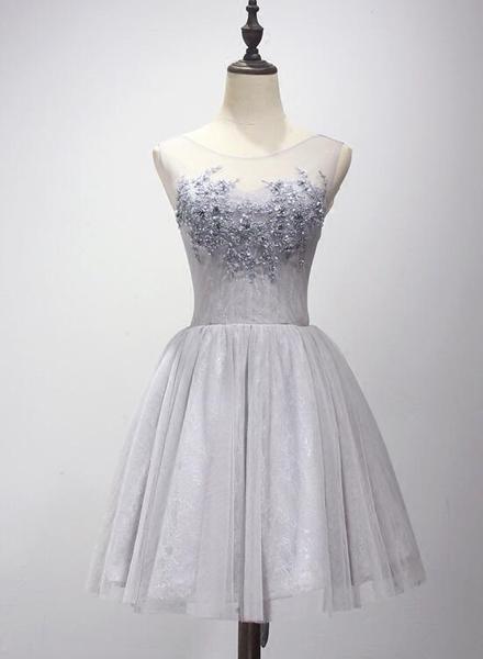 Light Grey Short Applique And Lace Homecoming Dress, Short Prom Dress ...